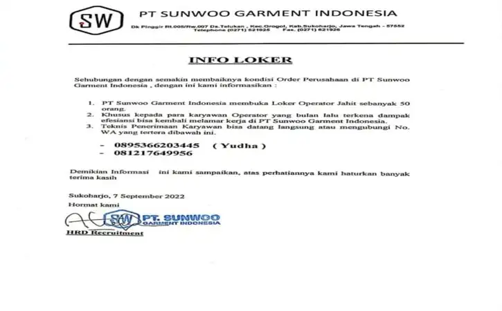 Loker Sukoharjo! Pesanan Bertambah, PT Sunwoo Garment Butuh Operator ...