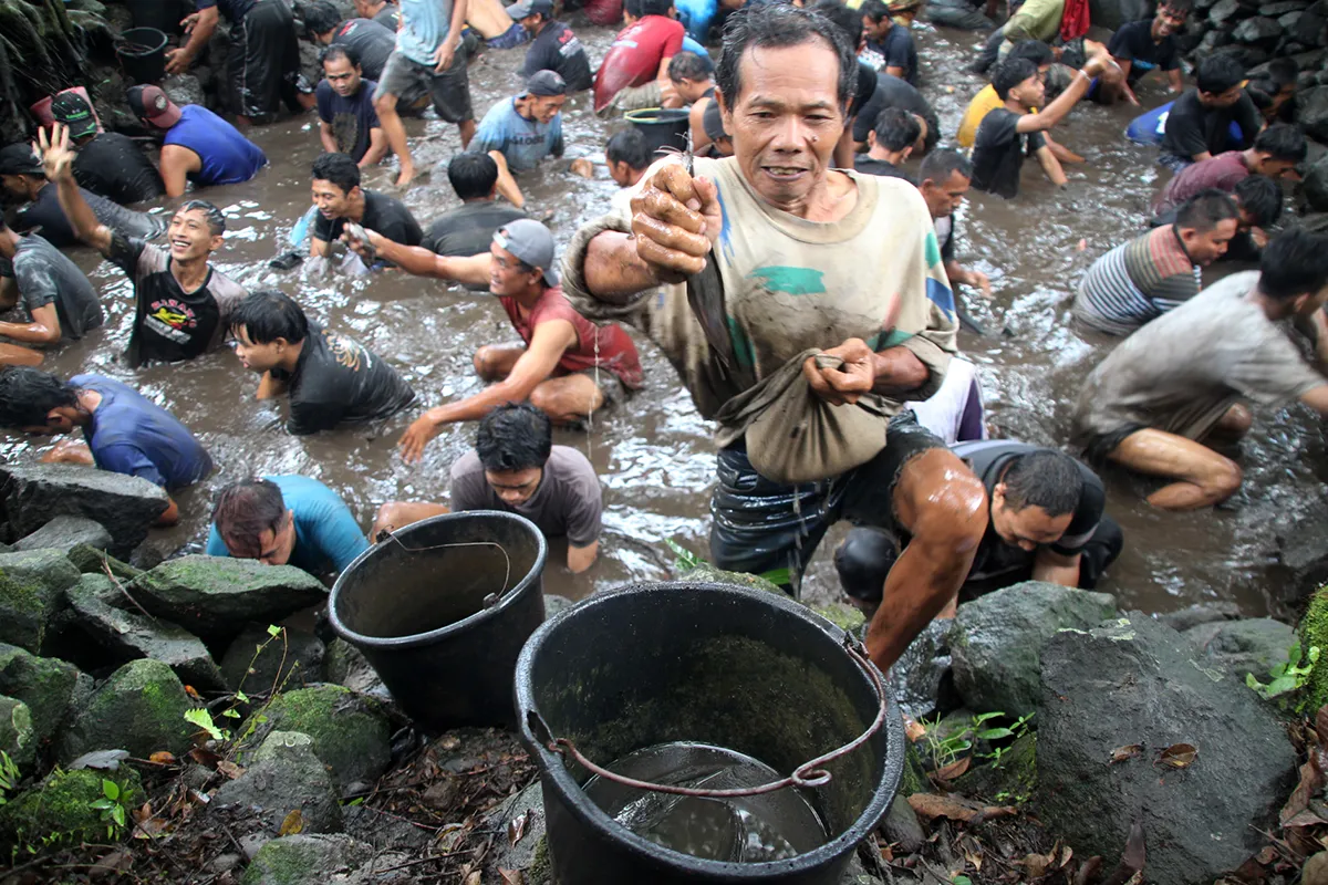 Potret Serunya Warga Berebut Ikan di Tradisi Nawu Sendang Gotan Jatinom ...